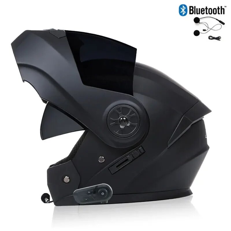 Черный мотошлем Bluetooth, L, двойной козырек, DOT