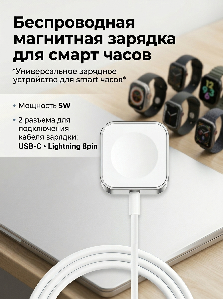 Беспроводная магнитная зарядка для смарт часов 5W серебристый-белый