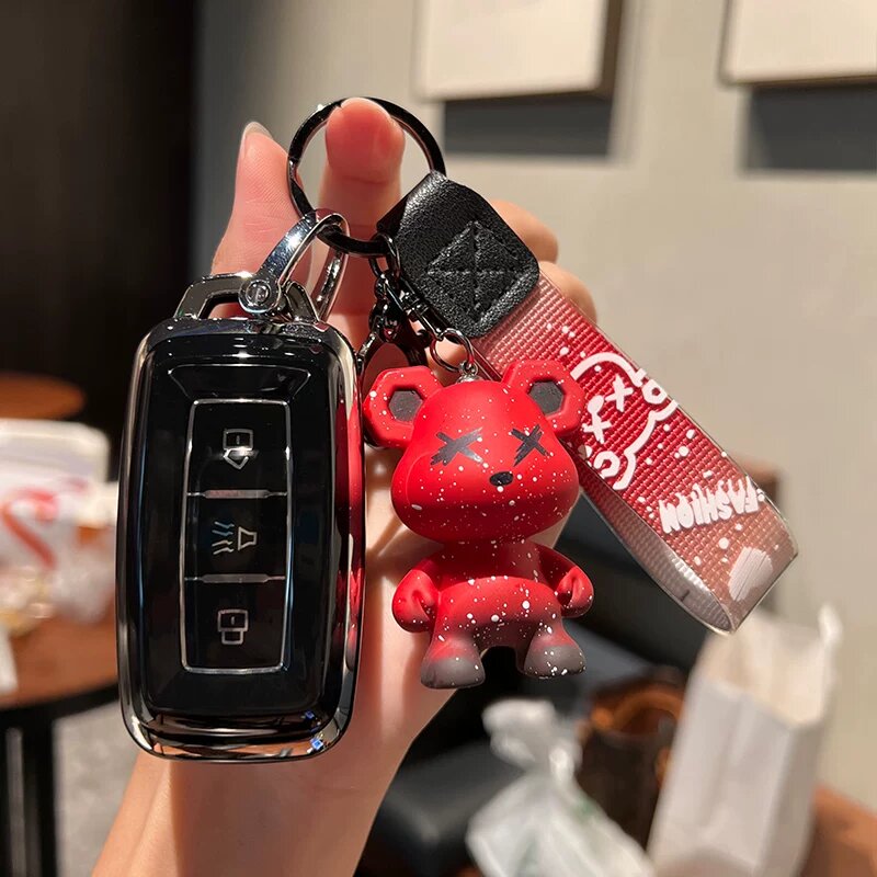 Ключевой кейс Jetour Smart 3-Клавиша Однослойный Черный с Красным Медвежьим Брелоком для Автомобилей Серии X70