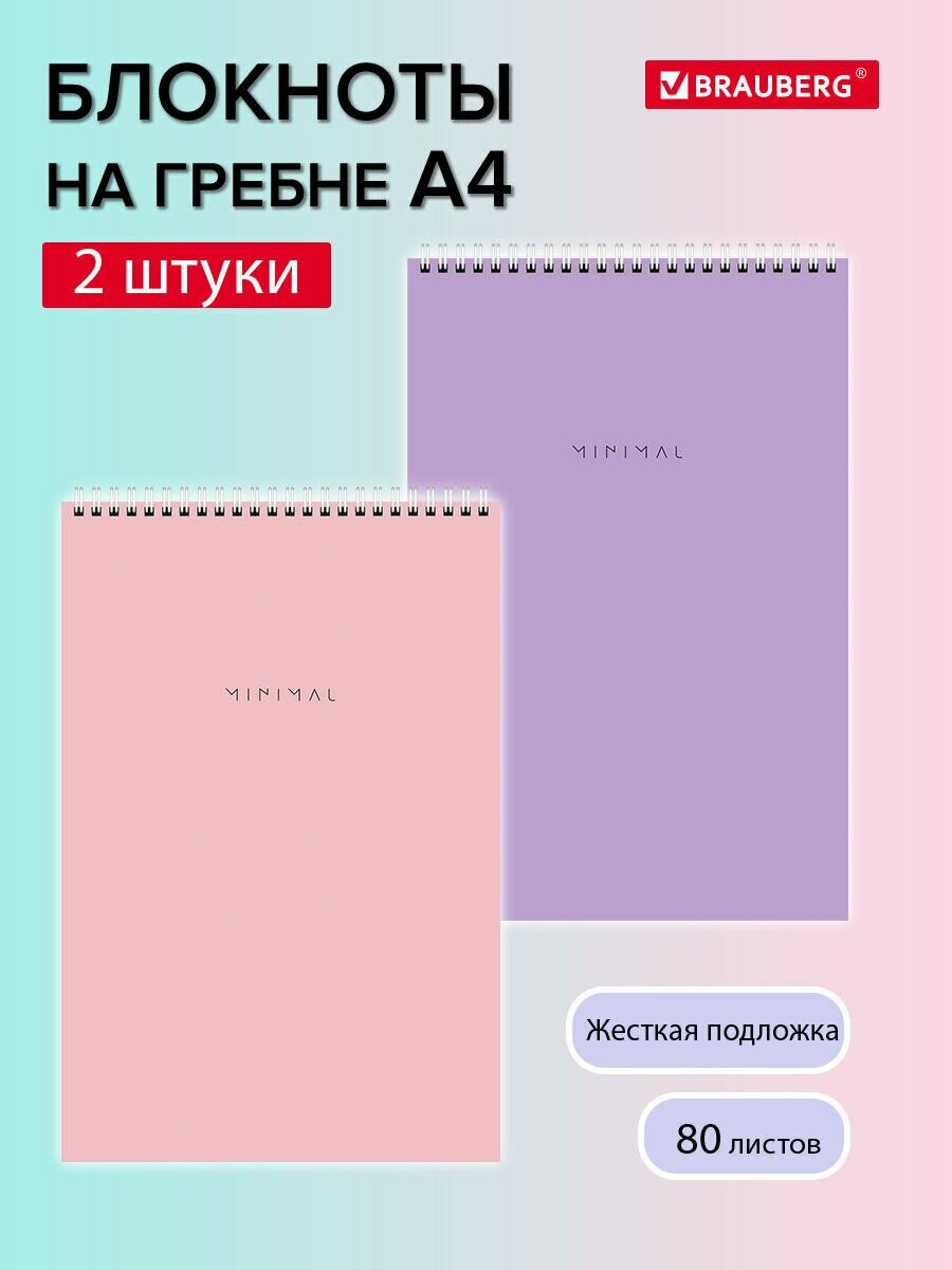 Блокнот для записей А4 большой тетрадь в клетку на кольцах 80 листов, набор 2 штуки, записная книжка большого формата на спирали, Brauberg Pastel