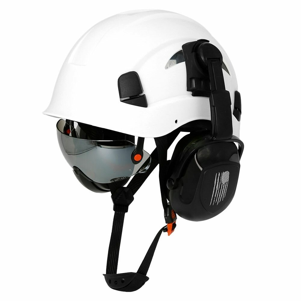 Строительная каска (защитный шлем) с противошумными наушниками и встроенными регулируемыми солнцезащитными очками