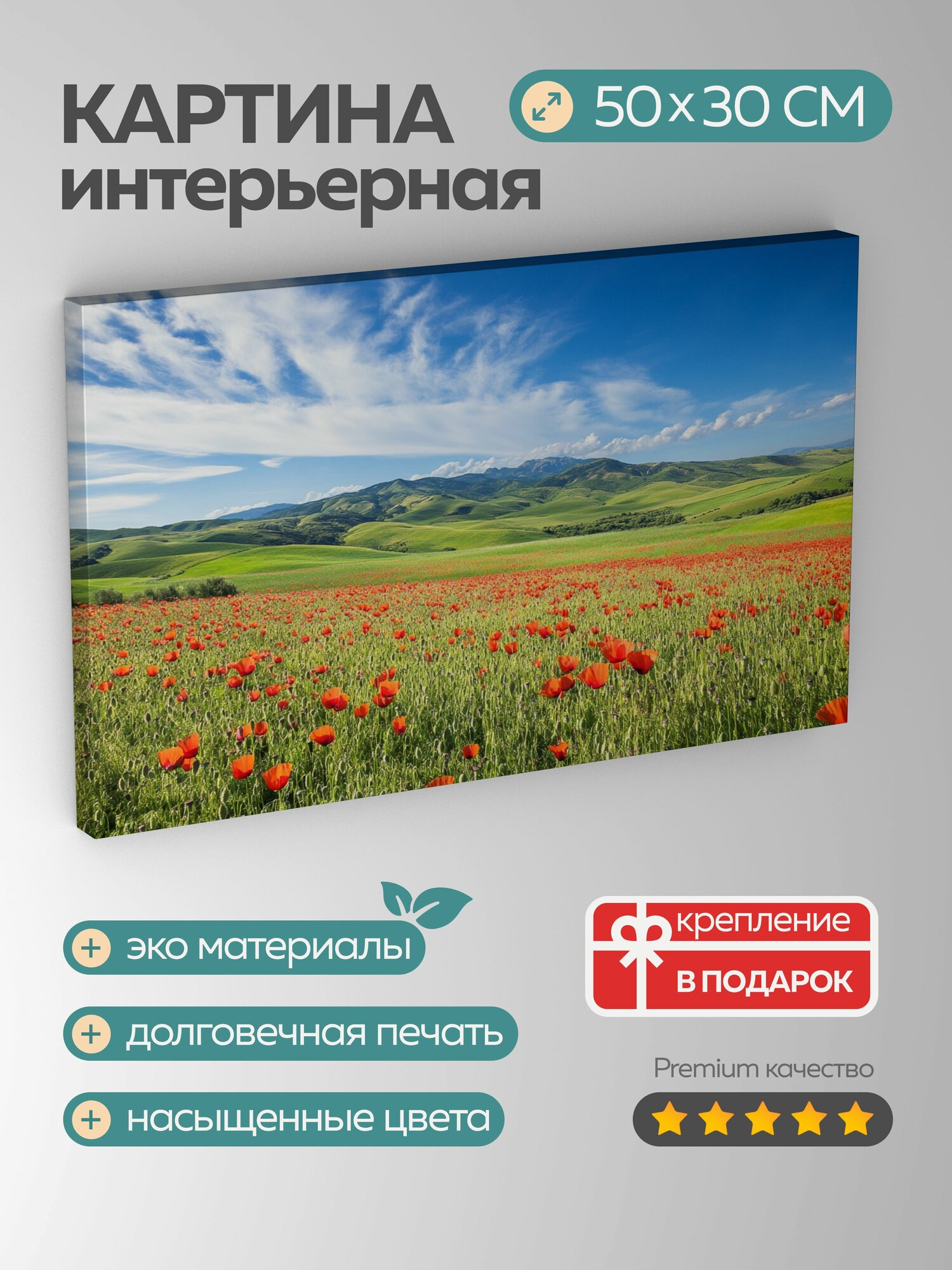 Картина на холсте интерьерная 50х30 см, маки, летнее поле, красные оттенки, зеленые оттенки, холмы, ясное небо, тепло