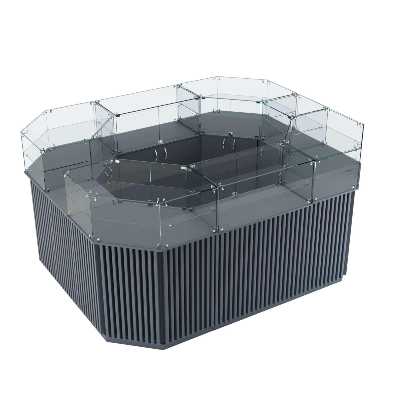 Торговый прямоугольный островок с высоким накопителем и планками серии вертикаль №4 (6,48 кв. м), Темно-Серый