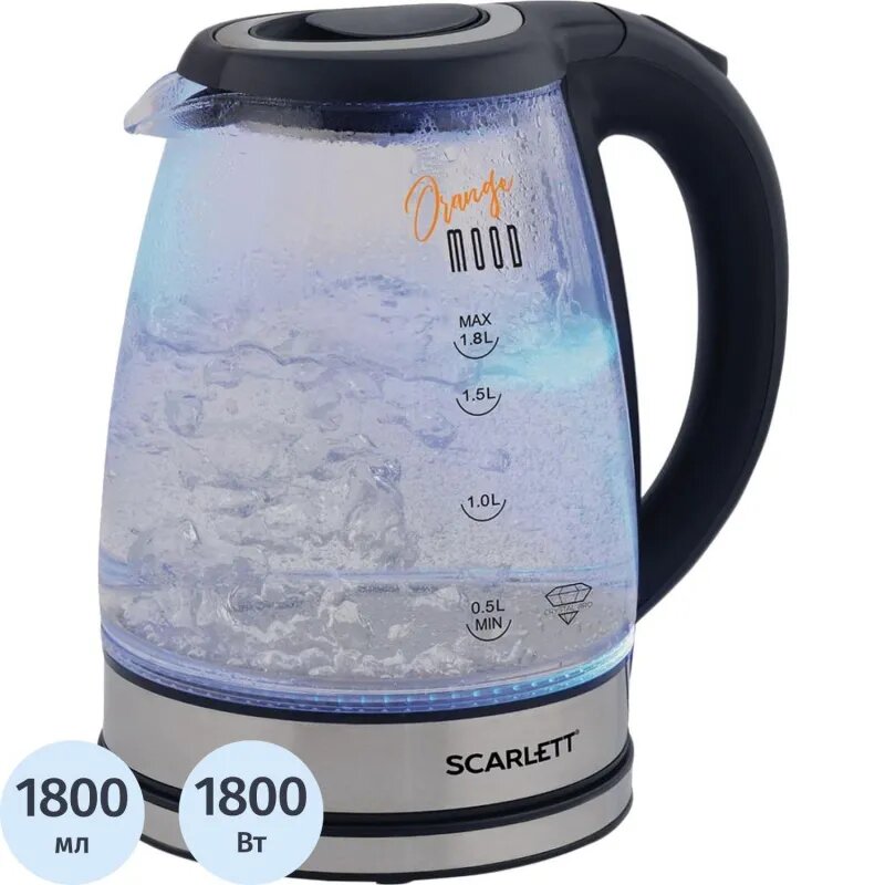 Чайник SCARLETT SC-EK27G36, электрический, стекло, 1800Вт, 1.8л, черный 1533440