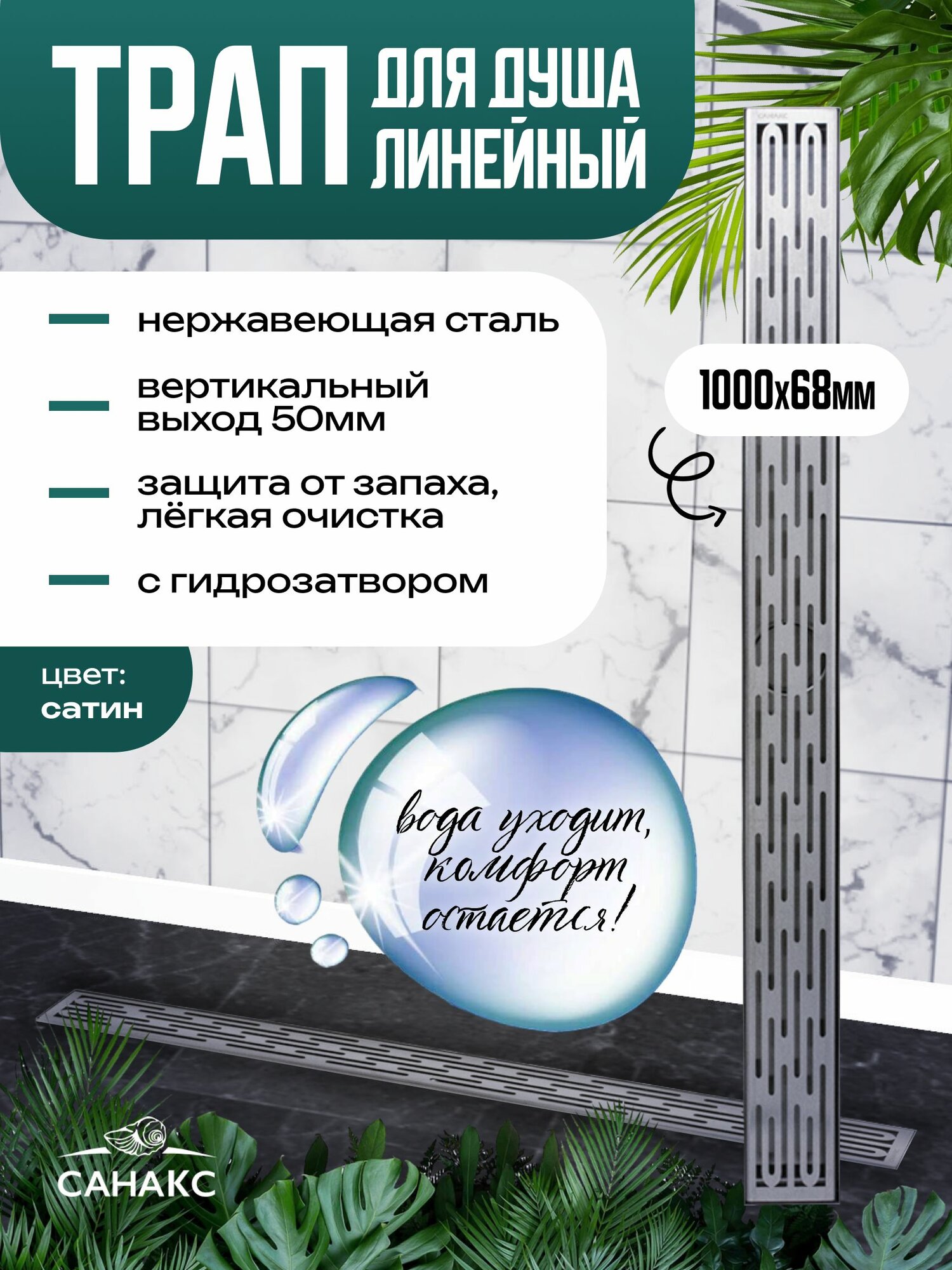 Трап санакс 1000х68 мм (гидрозатвор), нержавеющая сталь, линейный, вертикальный, крышка решётка с узором