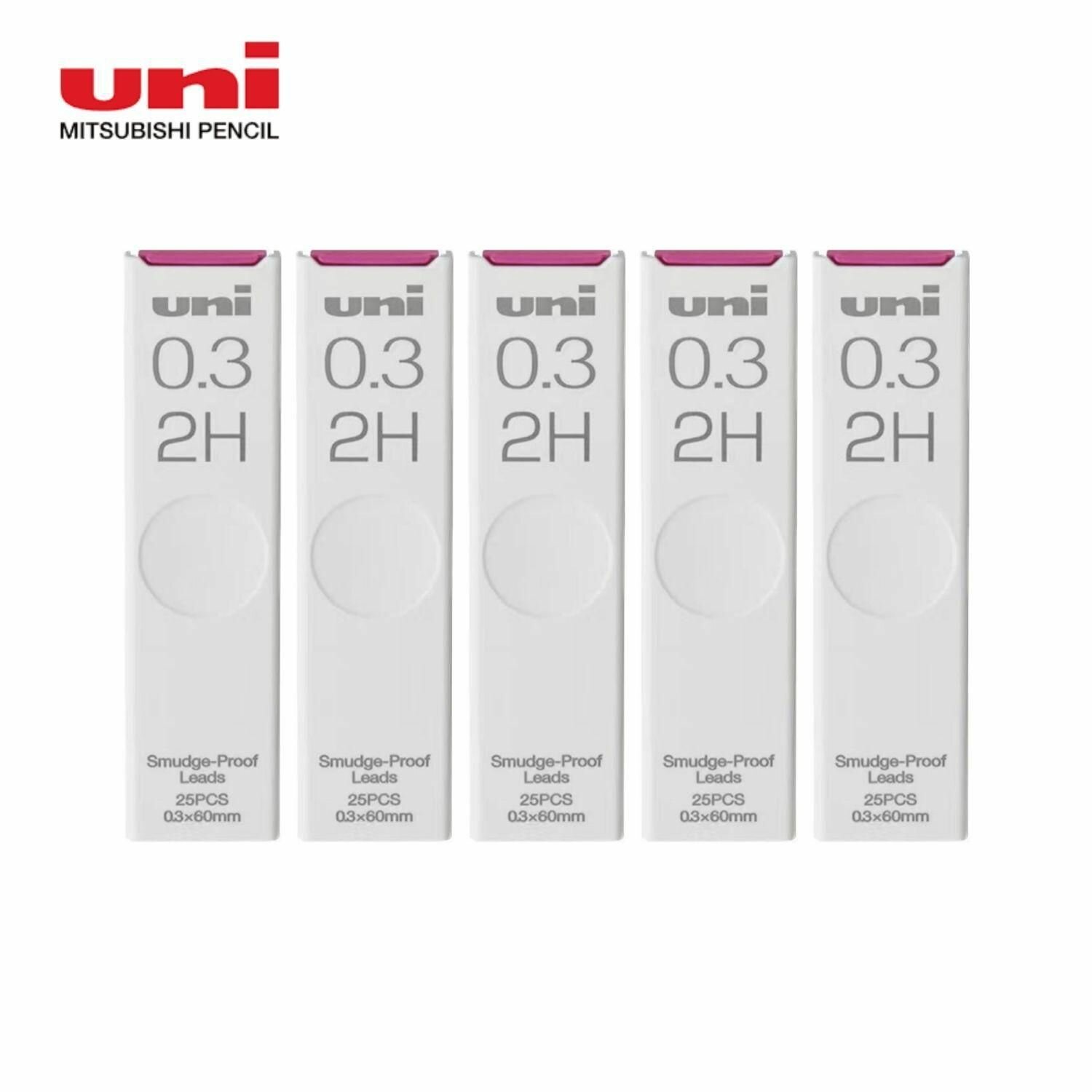 Грифель чернографитный для механического карандаша, Uni Smudge-Proof UL-S, 5 пенала по 25 стержней, 0,3мм 2H