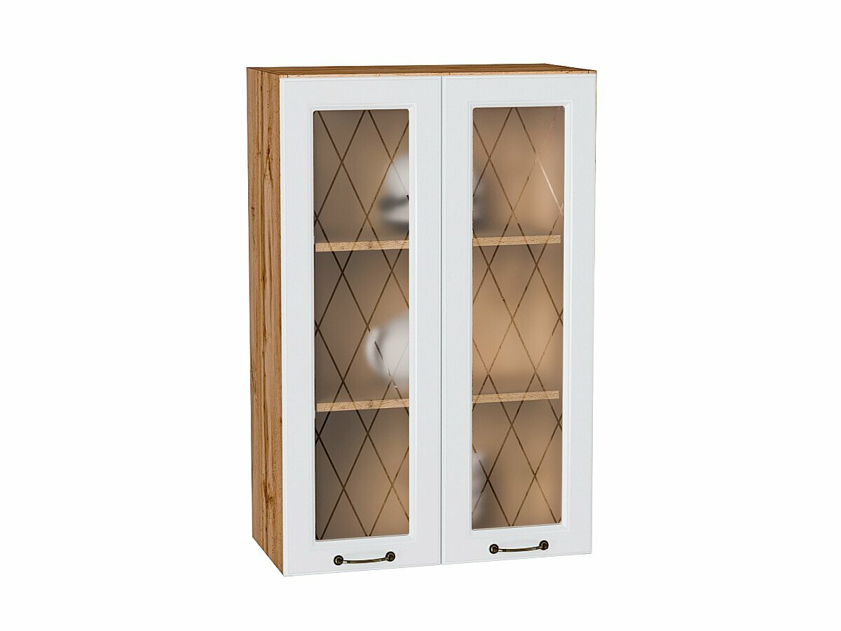 Шкаф верхний с 2-мя остекленными дверцами Ницца, цвет фасада Белый, цвет каркаса Дуб Вотан, стекло White Сrystal, 920*600*318 мм