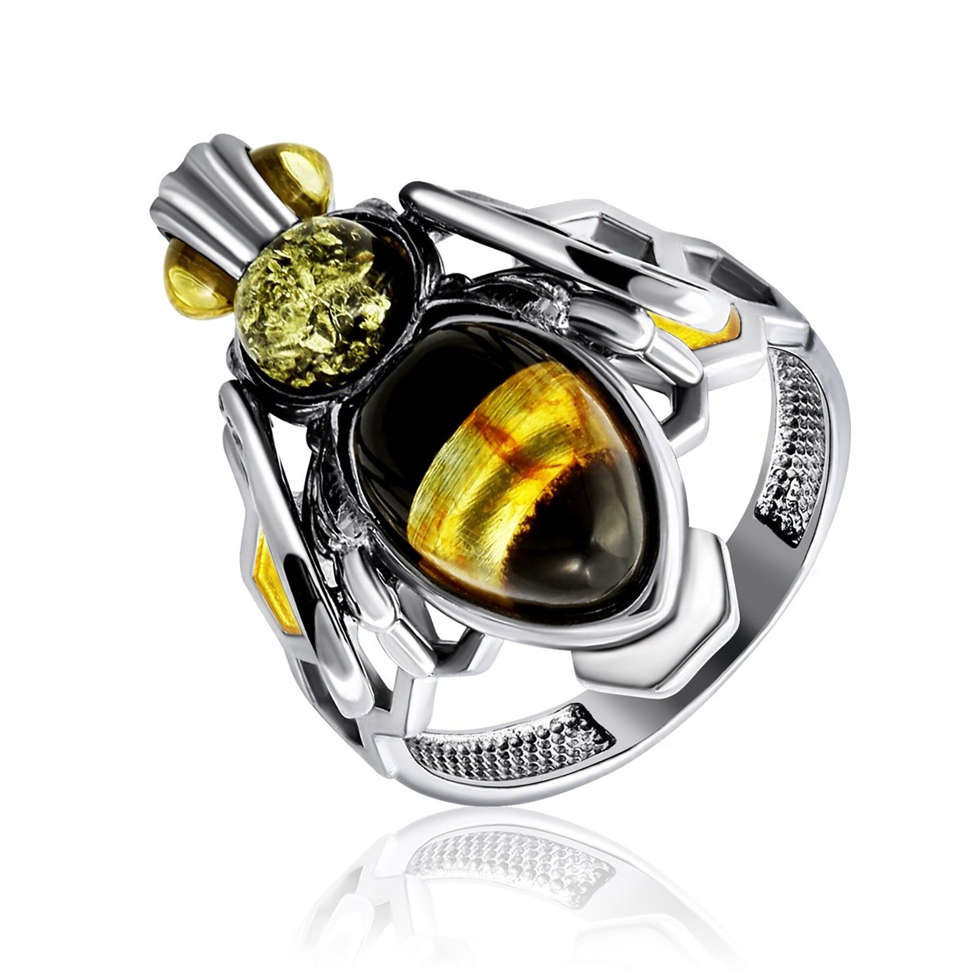 Кольцо, серебро, 925 проба, родирование, янтарь