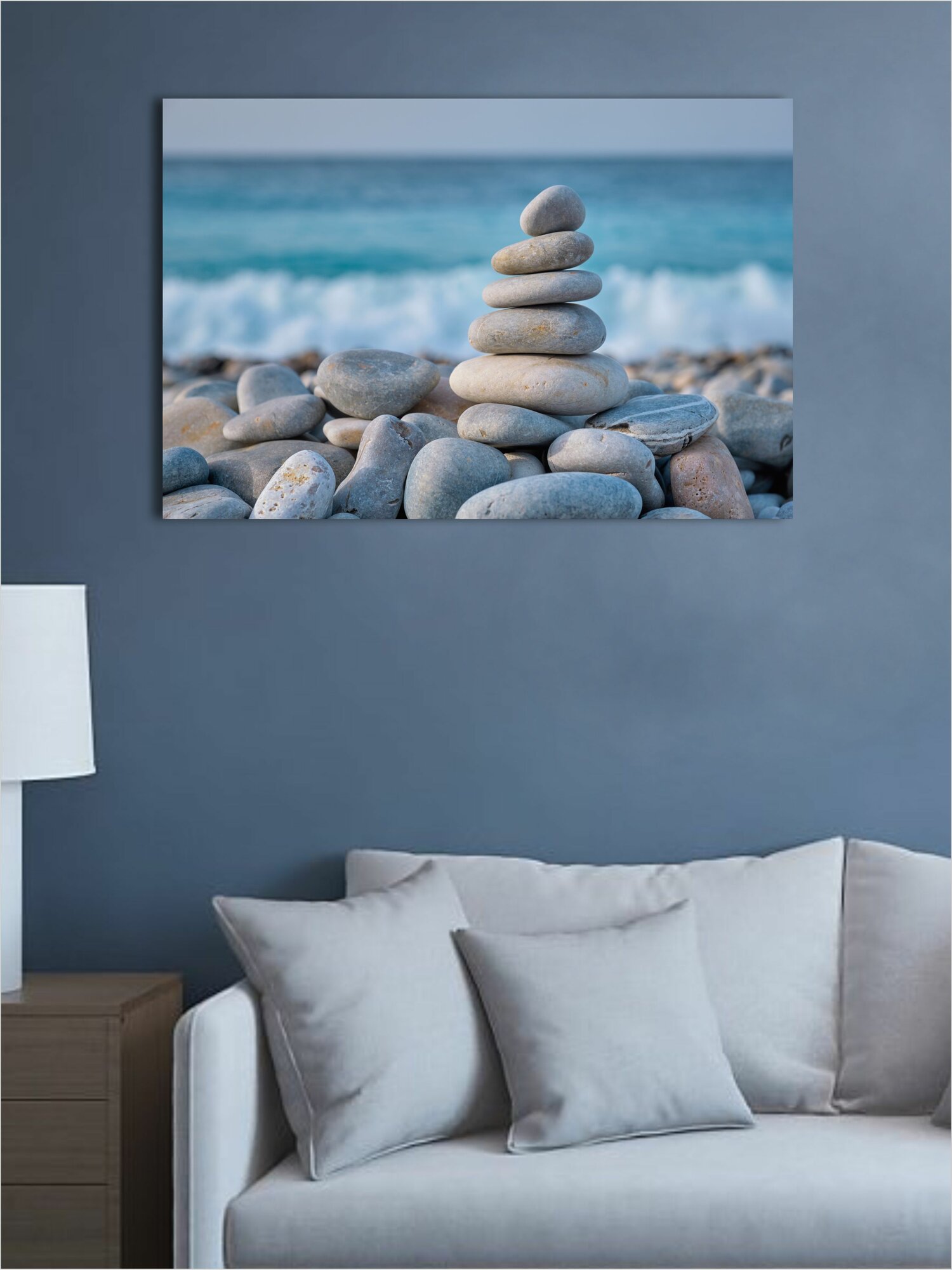 Картина для интерьера на стену природа. Пирамида из морских серых камней 50х70 см на холсте на подрамнике