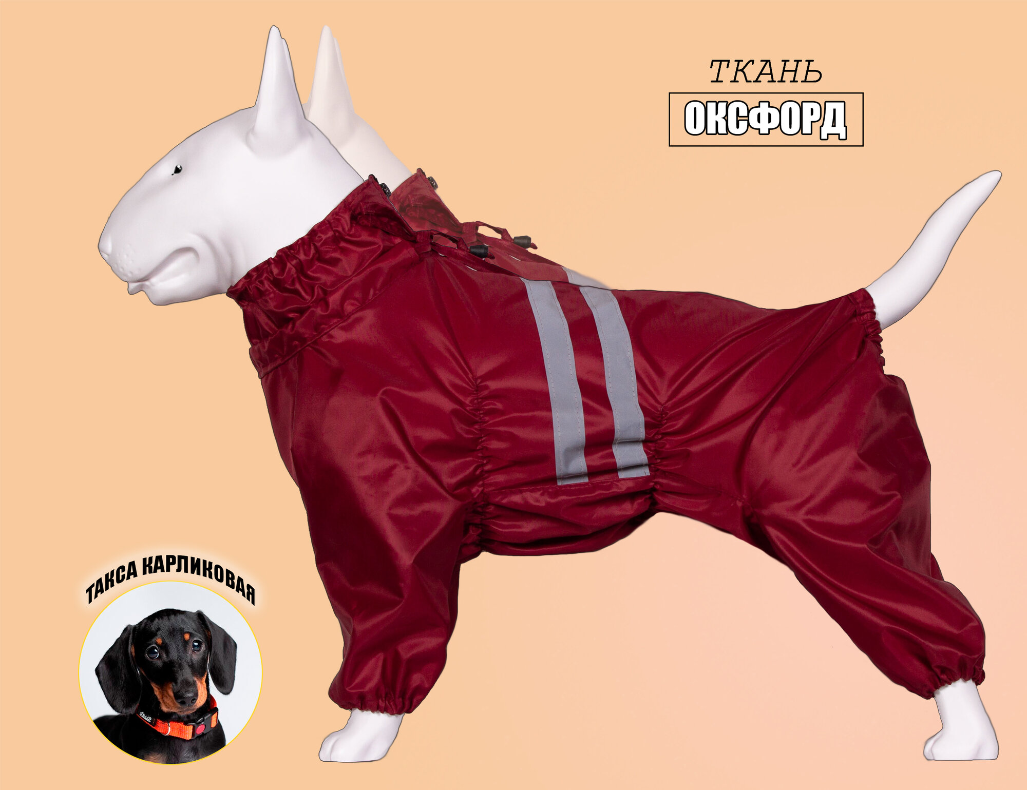 Комбинезон-дождевик для таксы карликовой суки, повышенной прочности, со светоотражающими полосами, цвет бордо