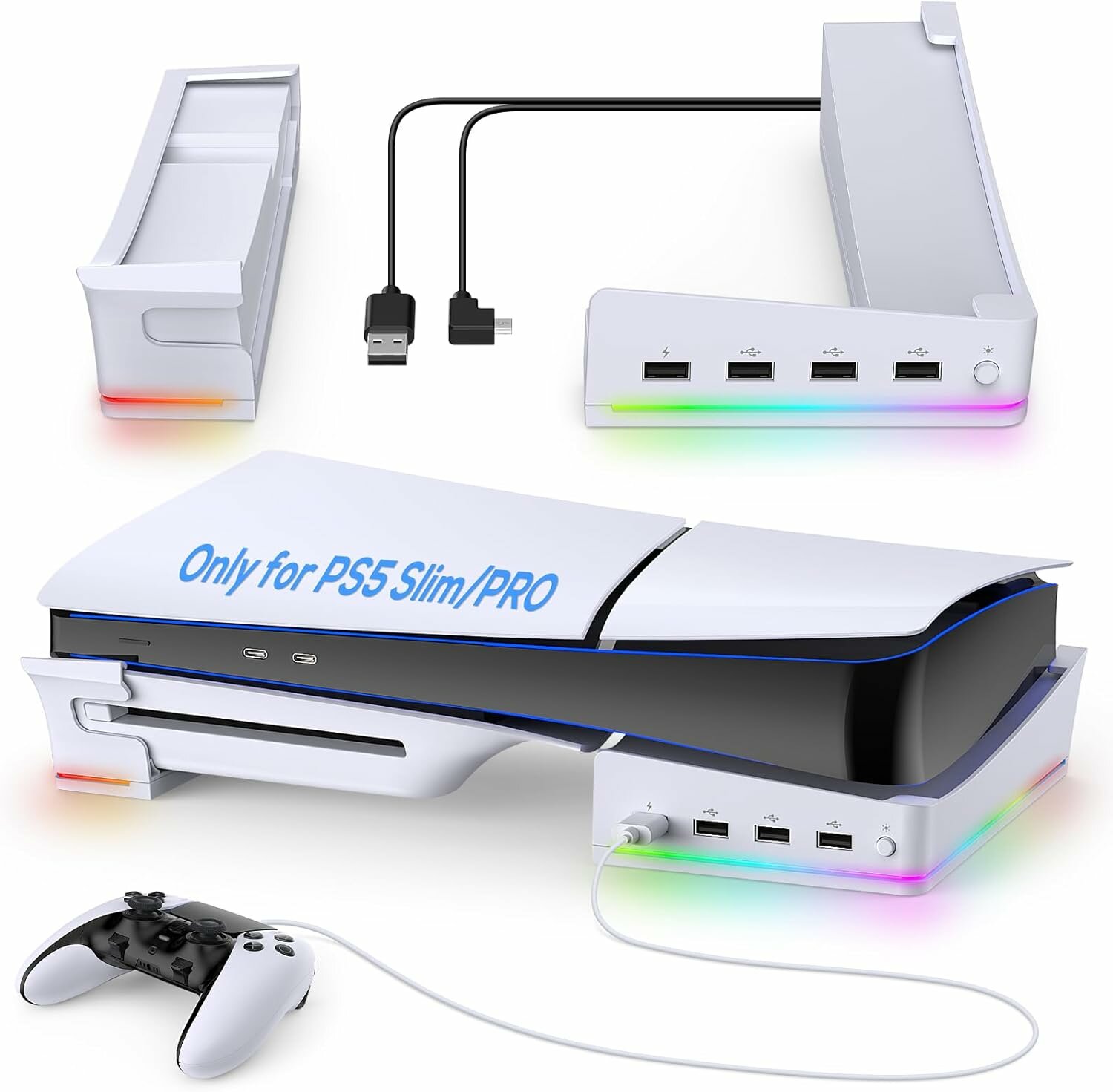Горизонтальная подставка для PS5 Pro/Slim с USB-хабом (4 порта), RGB-подсветкой и зарядкой контроллера. Совместима с PlayStation 5 Slim.