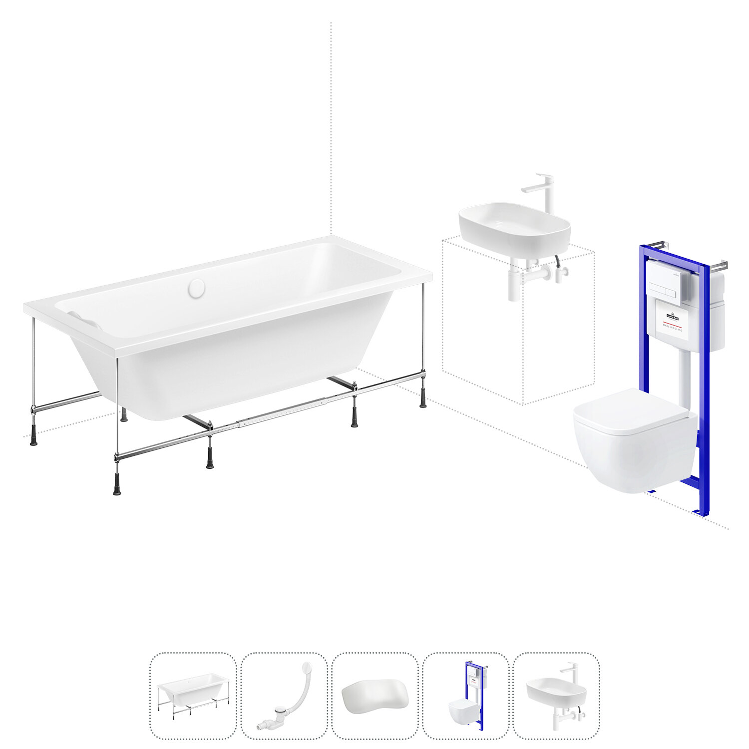 Акриловая ванна 180x80 с каркасом Lavinia Boho Pure 20221310R в наборе 6 в 1: ванна, ножки, слив-перелив, подголовник, унитаз в комплекте, раковина в комплекте