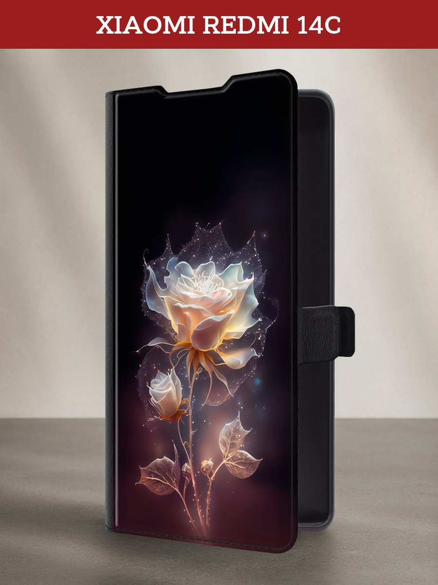 Чехол-книжка на Redmi 14C/Poco C75 4G/Redmi A4 5G с принтом Белая фантазийная роза, черный