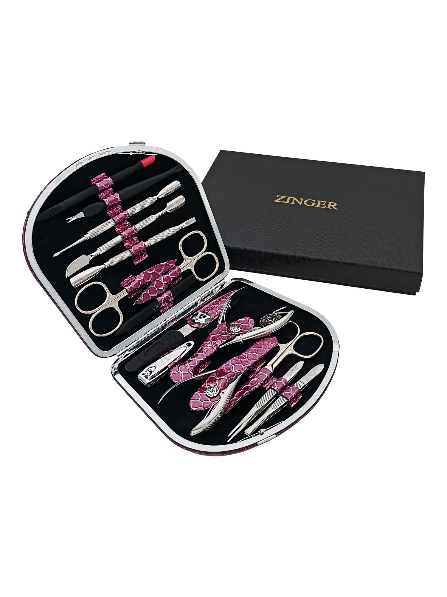 Маникюрный набор Zinger MSFE-1100, 15 предметов, натуральная кожа, серебристый/фиолетовый