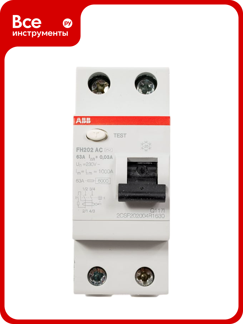 Выключатель дифференциального тока ABB УЗО, 2п, 63А, 30мА, FH202, АС 2CSF202004R1630