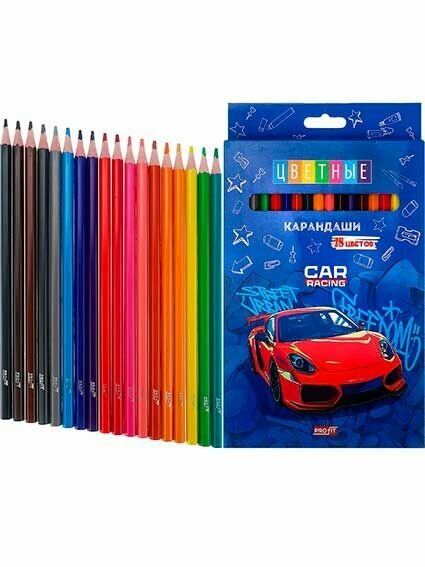 Карандаши пластиковые Проф-пресс 18 цветов Profit "Суперкар" шестигранные, 2М, грифель диаметр 2,8 мм, картонная коробка