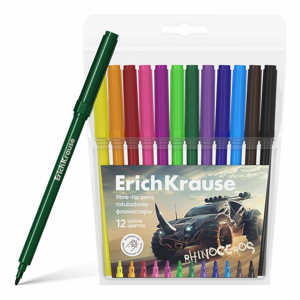 Фломастеры Erich Krause 12 цветов "Road beast", на водной основе, без запаха