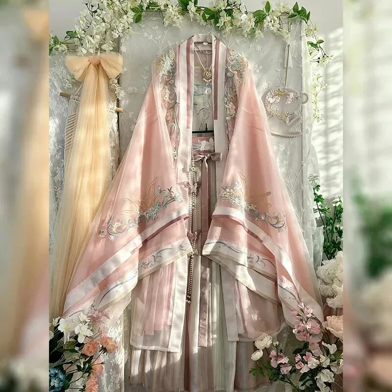 Китайское платье ханьфу розово-синее с вышивкой М, Розовый, Pink