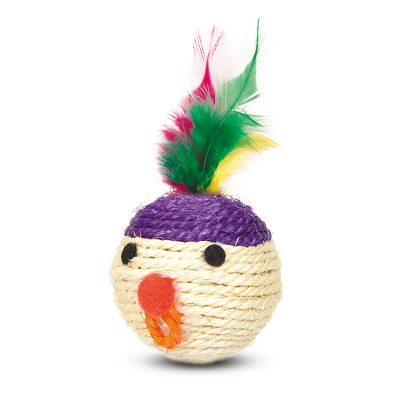 Игрушка для кошек из сизаля "Мяч-мордашка с перьями", d6см, Triol