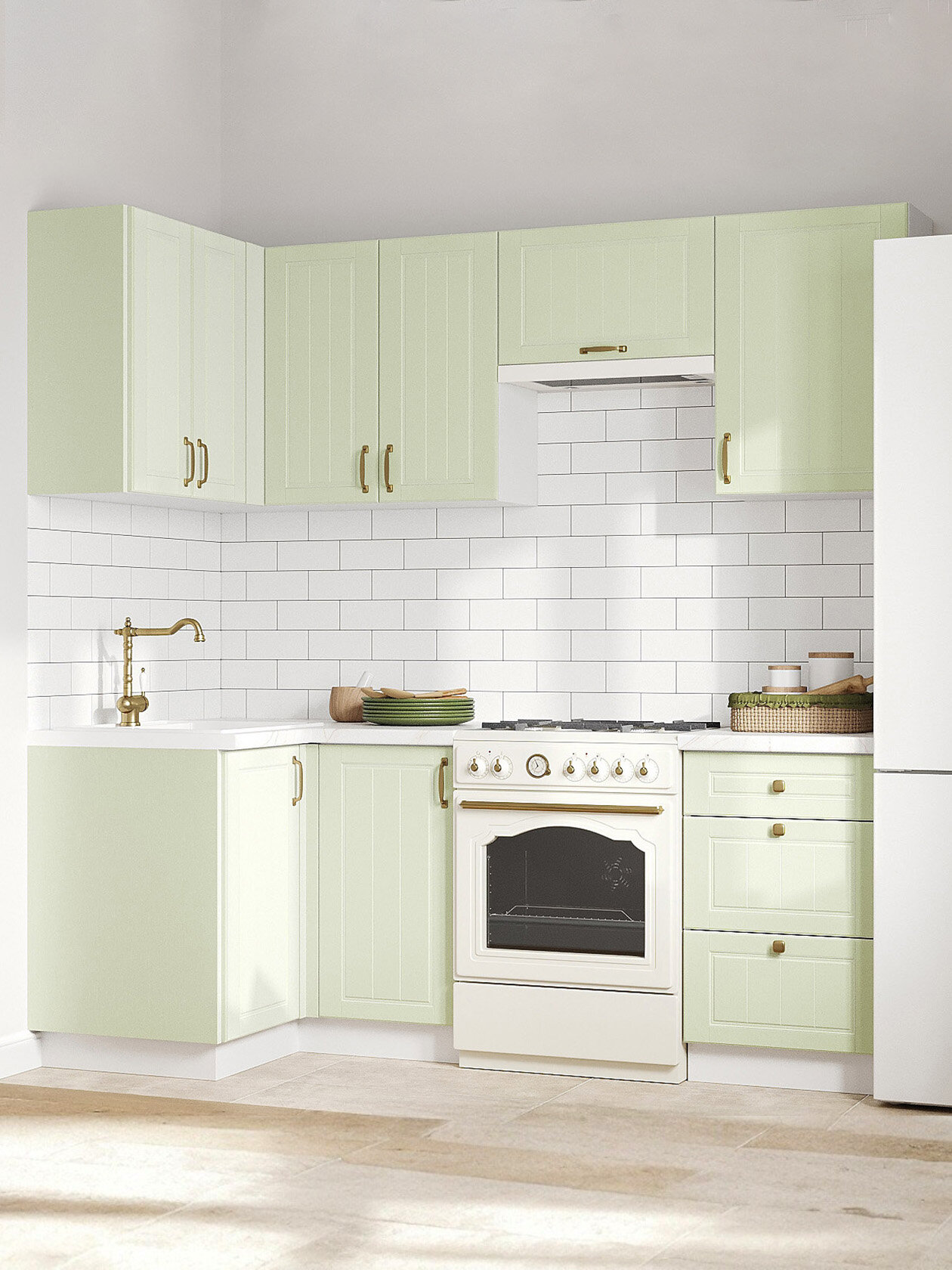 Кухонный гарнитур угловой Флоренс 2.1х1 м, мебель для дома и кухни, Белый / Фисташковый структурный