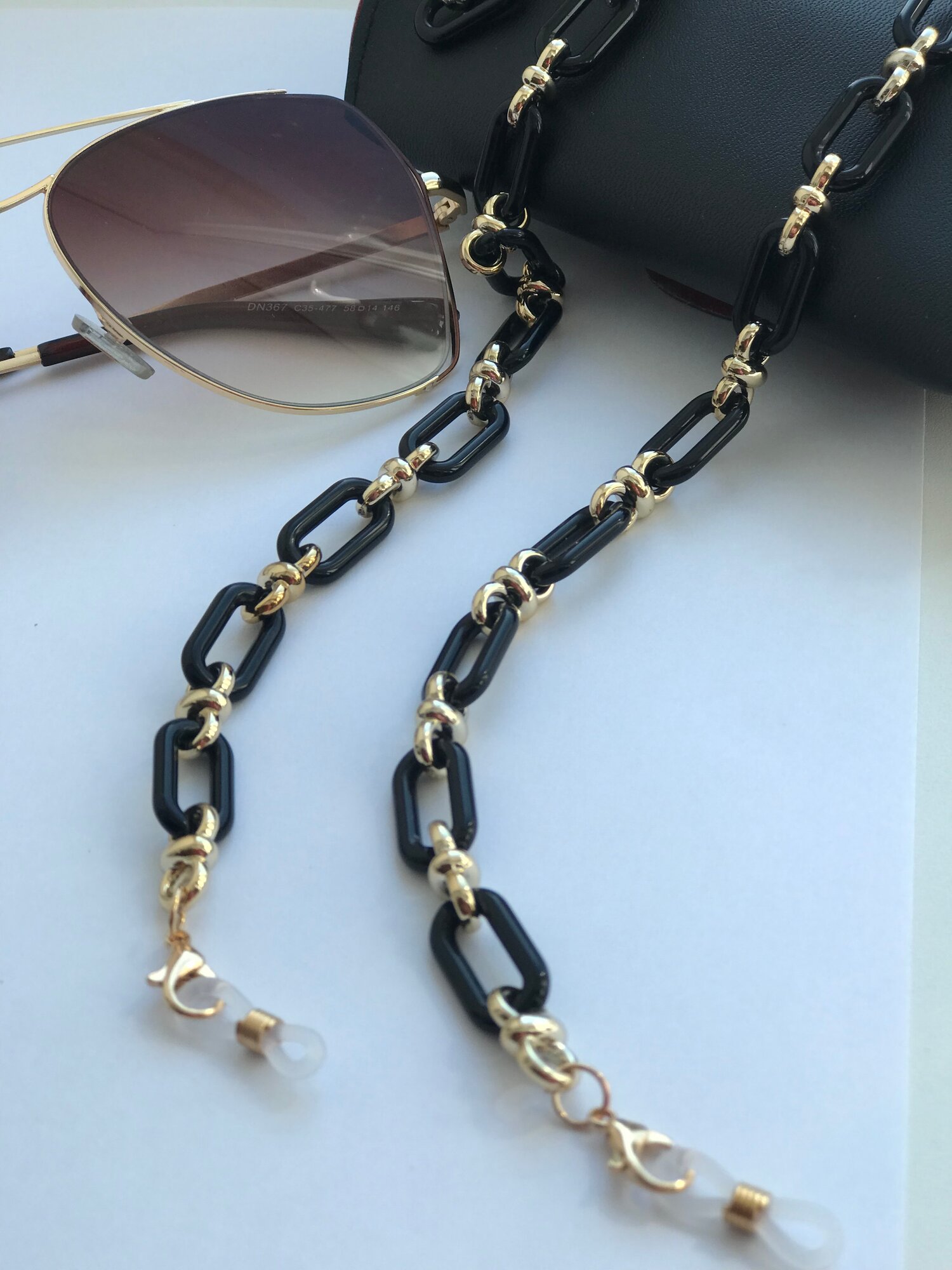 Цепочка для очков, пластик, цвет черный/золотистый, длина 76 см