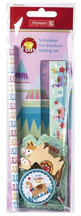 Набор канцелярский для школьников "Лама" Brunnen (Германия): блокнот 20 листов, карандаш, точилка, ластик, линейка 15 см Цена указана за 1 набор