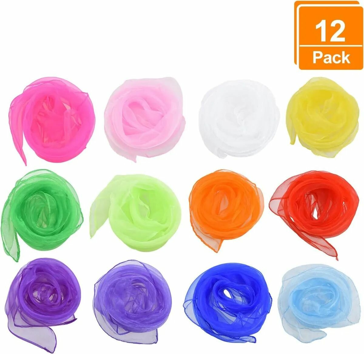 12 шелковых шифоновых платочков 60x60 см для танцев, творчества и детских игр набор разноцветных шарфов