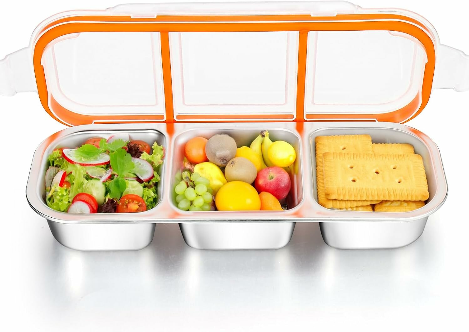 Палкский контейнер с закуски из нержавеющей стали, контейнеры для закусок многоразового использования с крышками, 3 отделения для хранения продуктов питания для школы, дома, путешествия