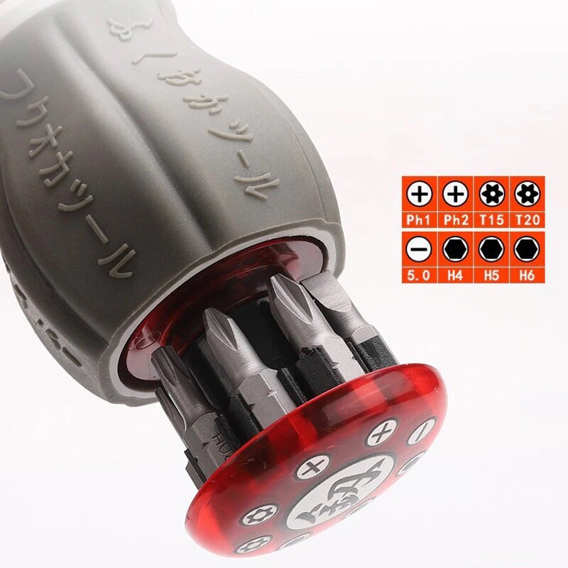 Отвертка многофункциональная с храповым механизмом / поворотная реверсивная отвертка с набором бит 8 шт.