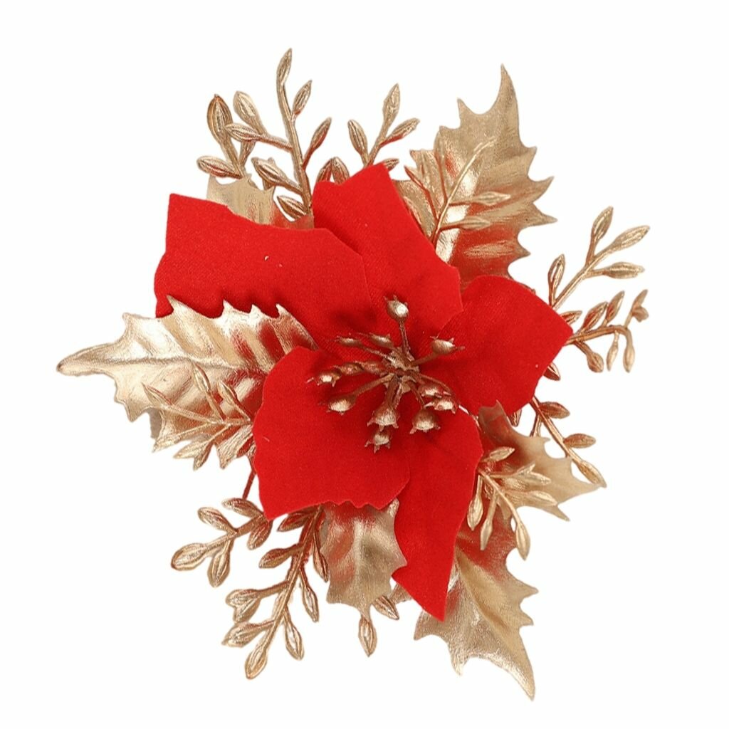 Искусственный цветок пуансетия для украшения елки, Золотисто - красный