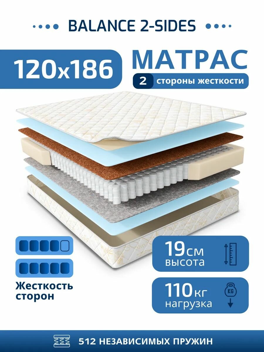 Матрас ортопедический пружинный 120x186 см Balance 2Sides, Независимые пружины, высота 19 см, 1 шт, белый