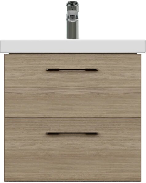 Тумба с раковиной Cersanit Лара (Lara) подвесная, 50 см, светлое дерево, матовая, из ЛДСП, с ящиками, раковина для ванной, фарфоровая, прямоугольная, встроенный слив-перелив, лофт