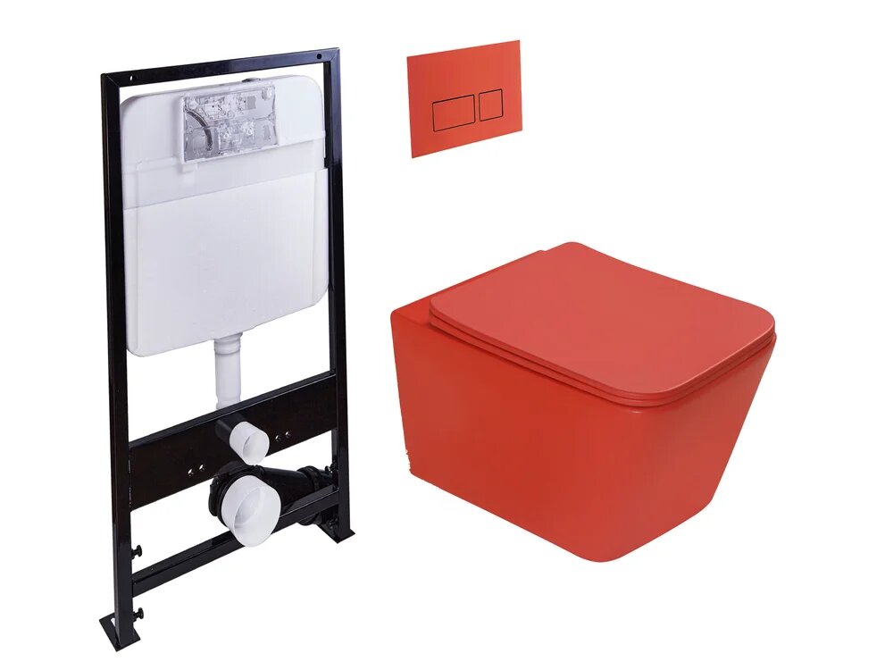 Комплект Унитаз подвесной SantiLine SL-5007MR безободковый, с микролифтом, красный матовый / Инсталляция SantiLine SL-01 с кнопкой смыва красной матовой