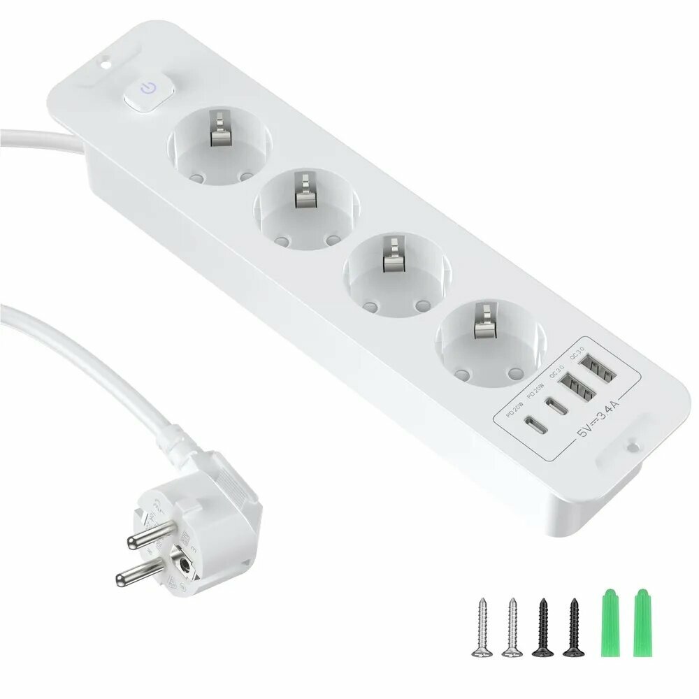 HITRENDS Встраиваемый удлинитель с 4 розетками и 2 USB + 2 Type-C (быстрая зарядка), выключатели, 4000W 16A 250V, огнестойкий, кабель 2 м