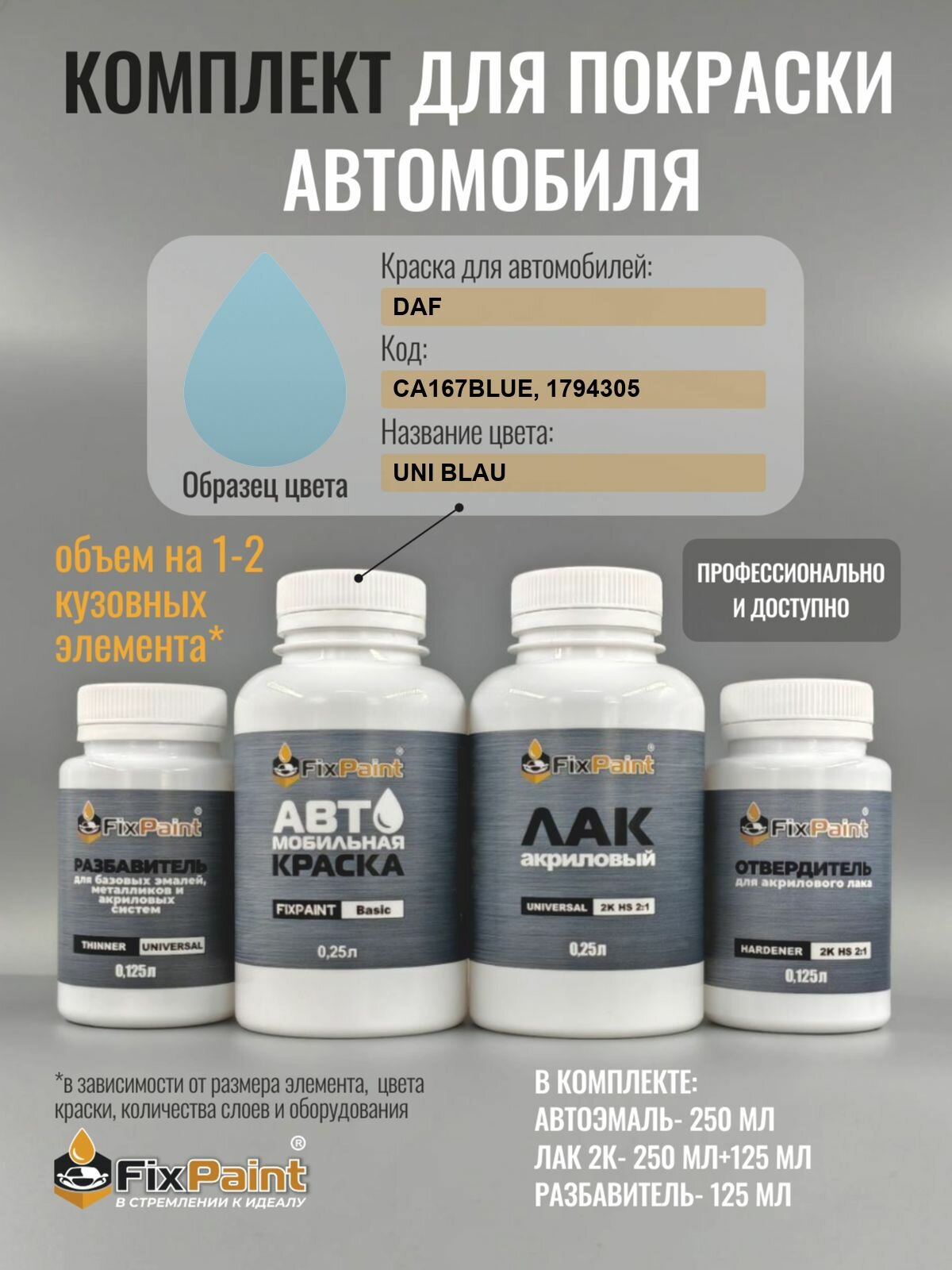 Комплект для покраски DAF, код CA167BLUE, 1794305, UNI BLAU, базовая автомобильная эмаль 250 мл, лак 2K 250 мл с отвердителем, разбавитель 125 мл, FixPaint Pro