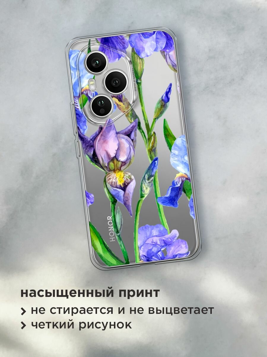 Чехол на Honor 400 Pro / Хонор 400 Про с принтом "Синие ирисы", прозрачный — фото 1