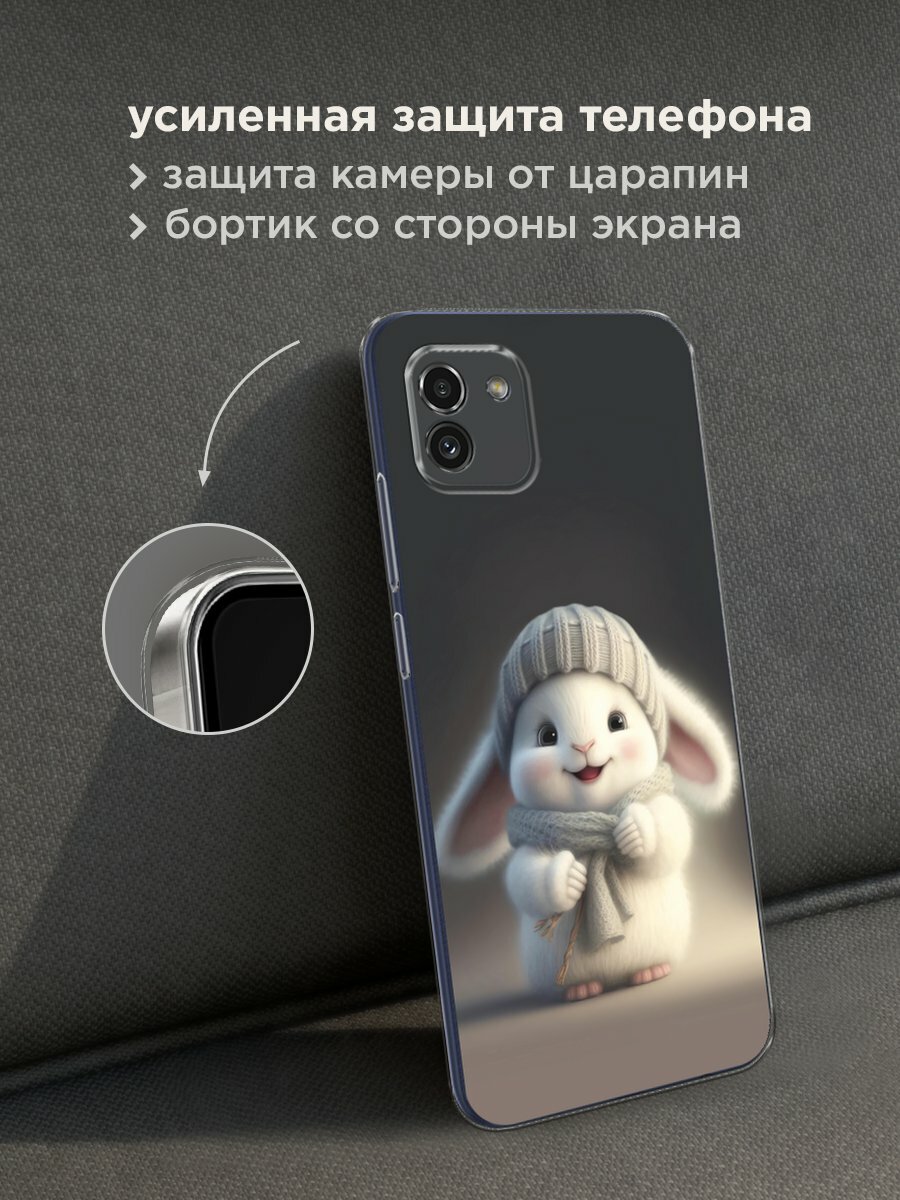 Чехол на Samsung Galaxy A03 / Самсунг Галакси А03 с принтом "Белый крольчонок в шапке" — фото 1