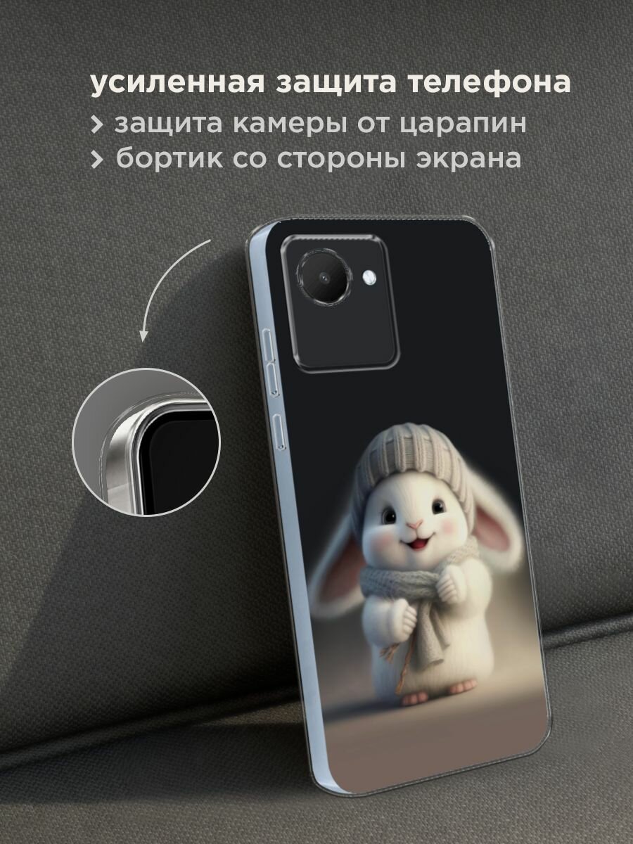 Чехол на Realme C30 / Реалми C30 с принтом "Белый крольчонок в шапке" — фото 1