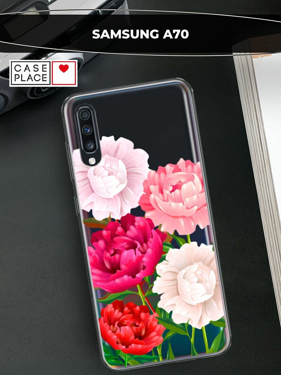 Чехол на Samsung Galaxy A70 / Самсунг Галакси А70 с принтом "Большие пионы", прозрачный