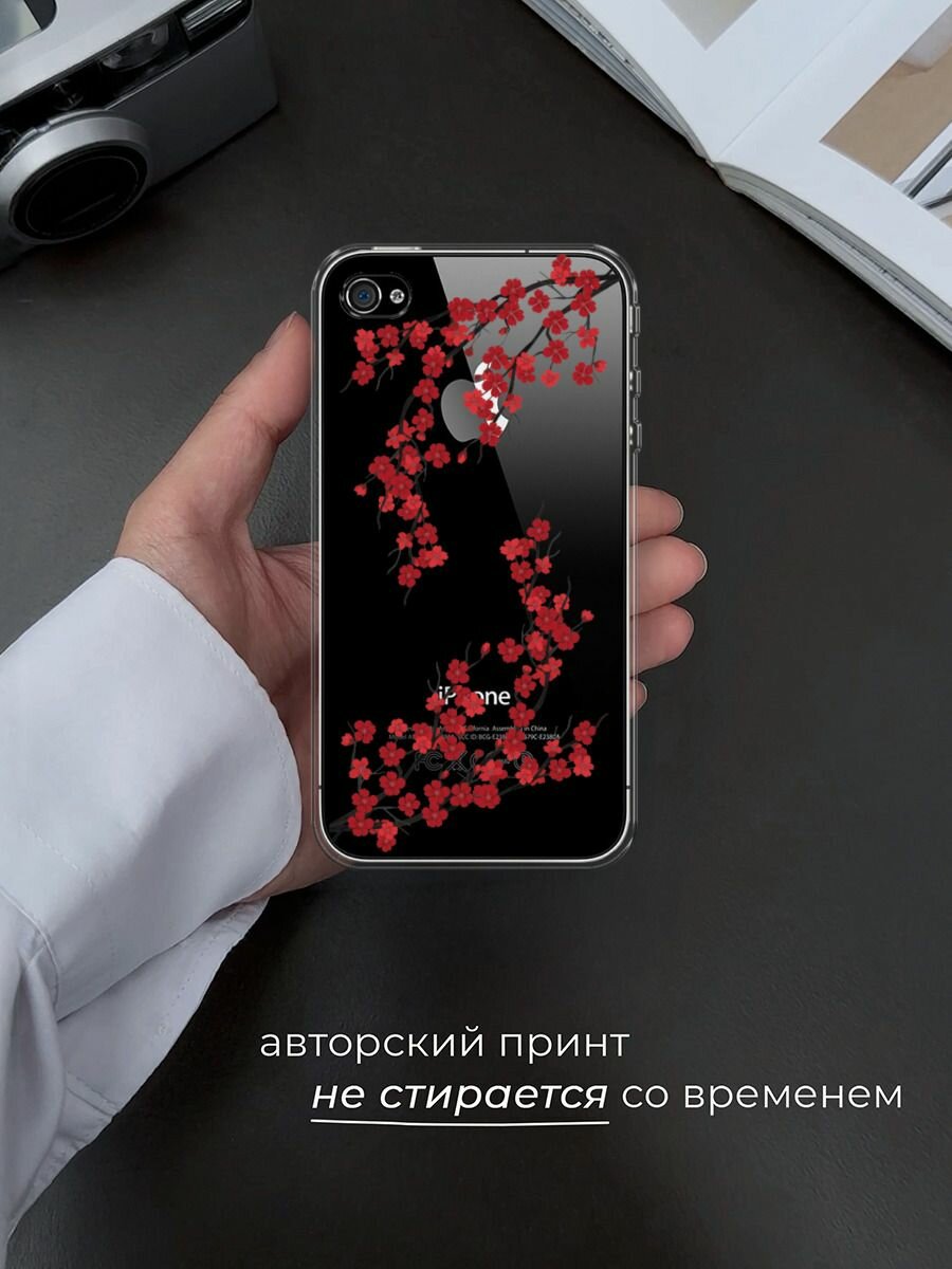 Чехол на Apple iPhone 4/4S / Айфон 4/4S с принтом "Красная сакура", прозрачный — фото 1