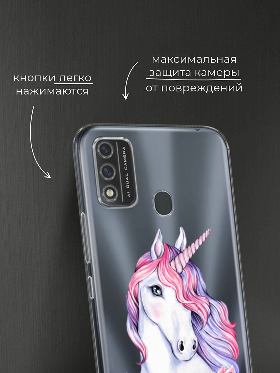 Чехол на Itel A48 / Ител А48 с принтом "Единорог с пионами", прозрачный — фото 1