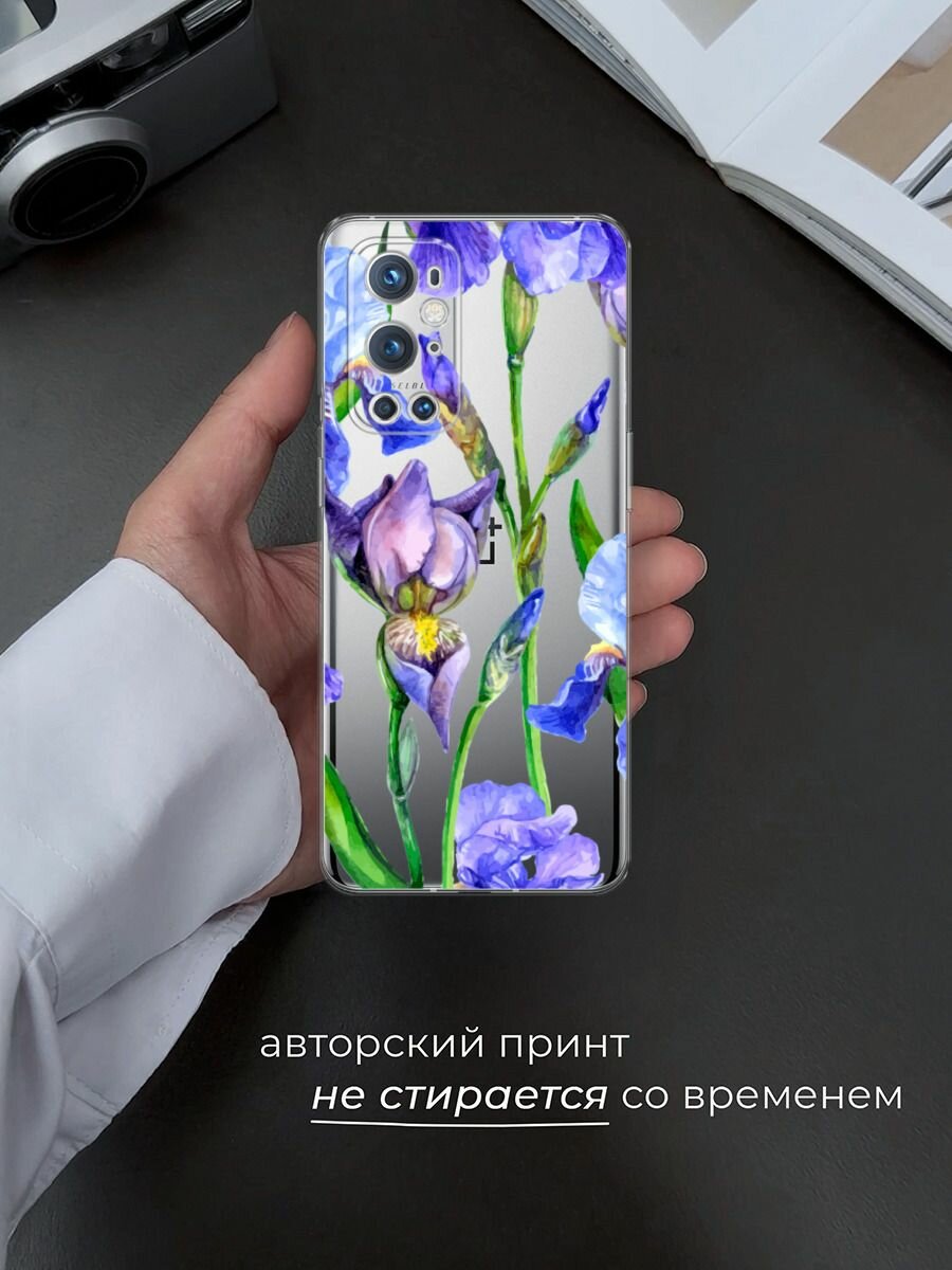 Чехол на OnePlus 9 Pro / ВанПлас 9 Про с принтом "Синие ирисы", прозрачный — фото 1