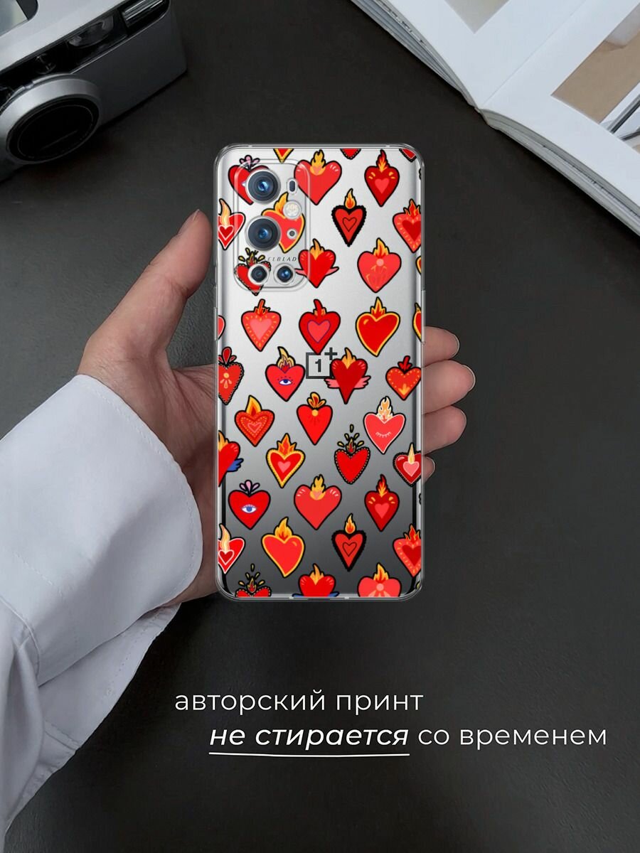 Чехол на OnePlus 9 Pro / ВанПлас 9 Про с принтом "Дьявольские сердца паттерн", прозрачный — фото 1