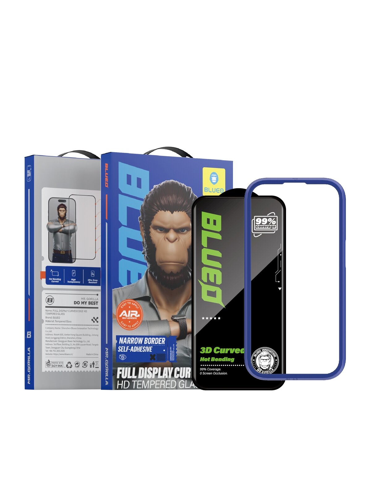 BlueO стекло для iPhone 17 Pro/17/16 Pro, 3D Curved Hot Bending Self-Adhensive Black (+installer)