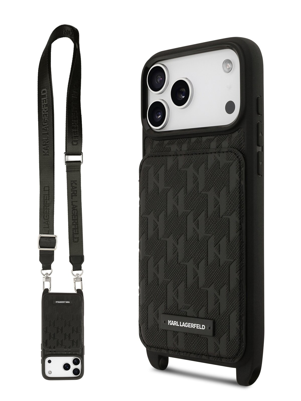 Karl Lagerfeld чехол с карманом для карт на iPhone 17 Pro Max, кросс-боди с ремешком, PU кожа Monogram, черный