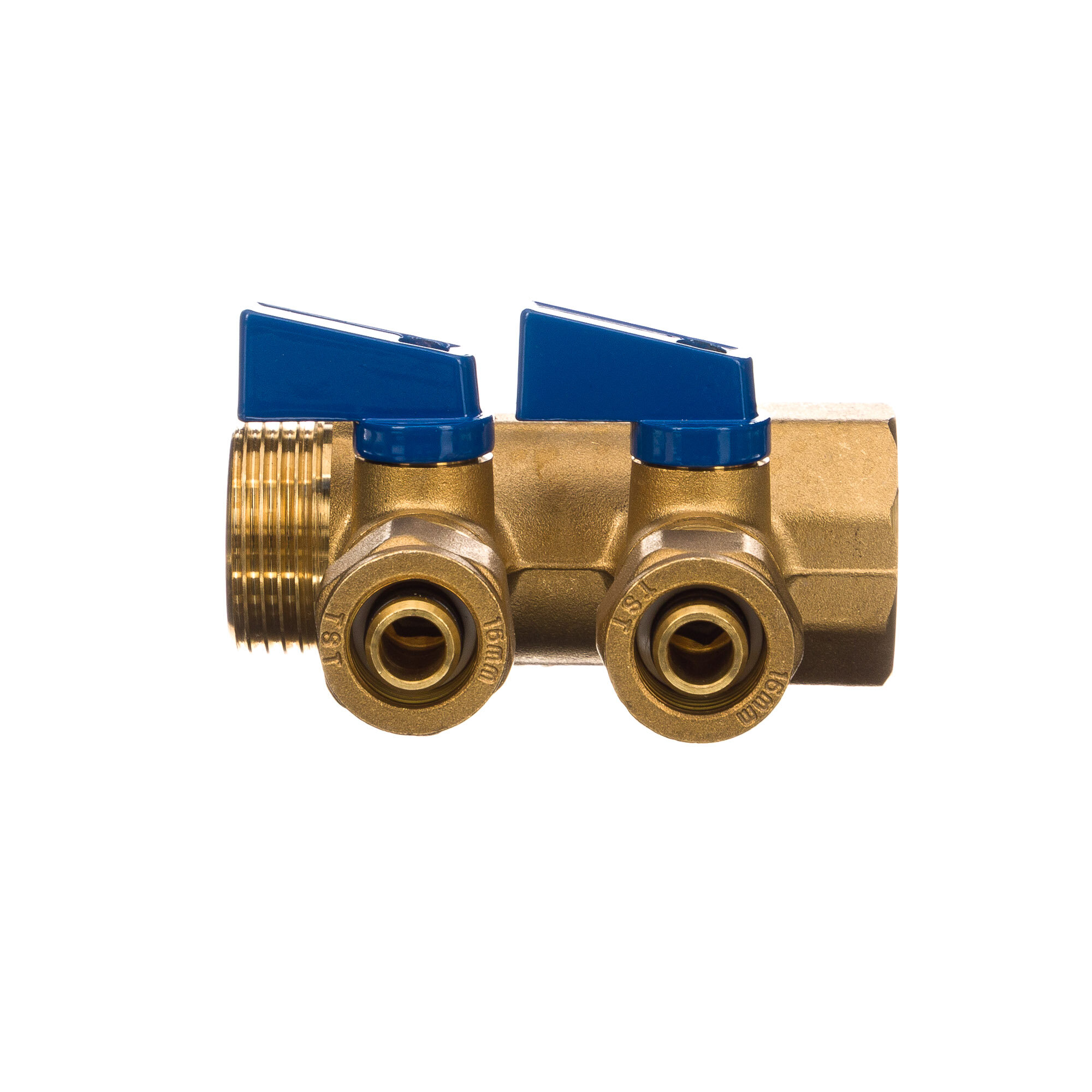 Коллектор 1"x16x2 с шаровыми кранами для металлопластиковых труб. 2 вых, син. TST