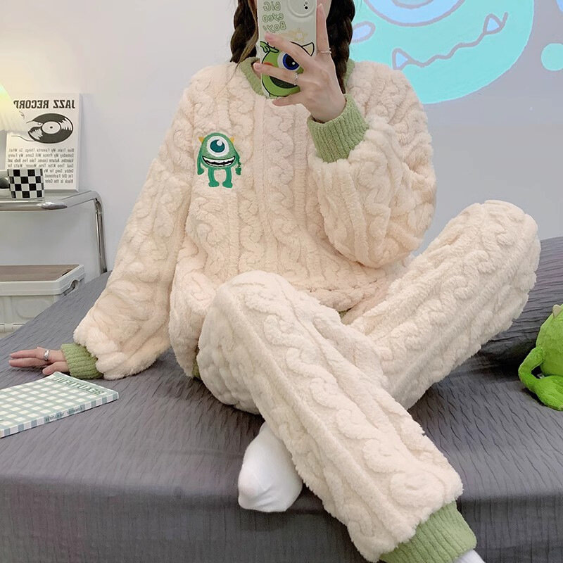 Милая фланелевая пижама для девочек, зимний новый стиль 2025 года, домашняя одежда из кораллового флиса, женский комплект из двух предметов, размер：L