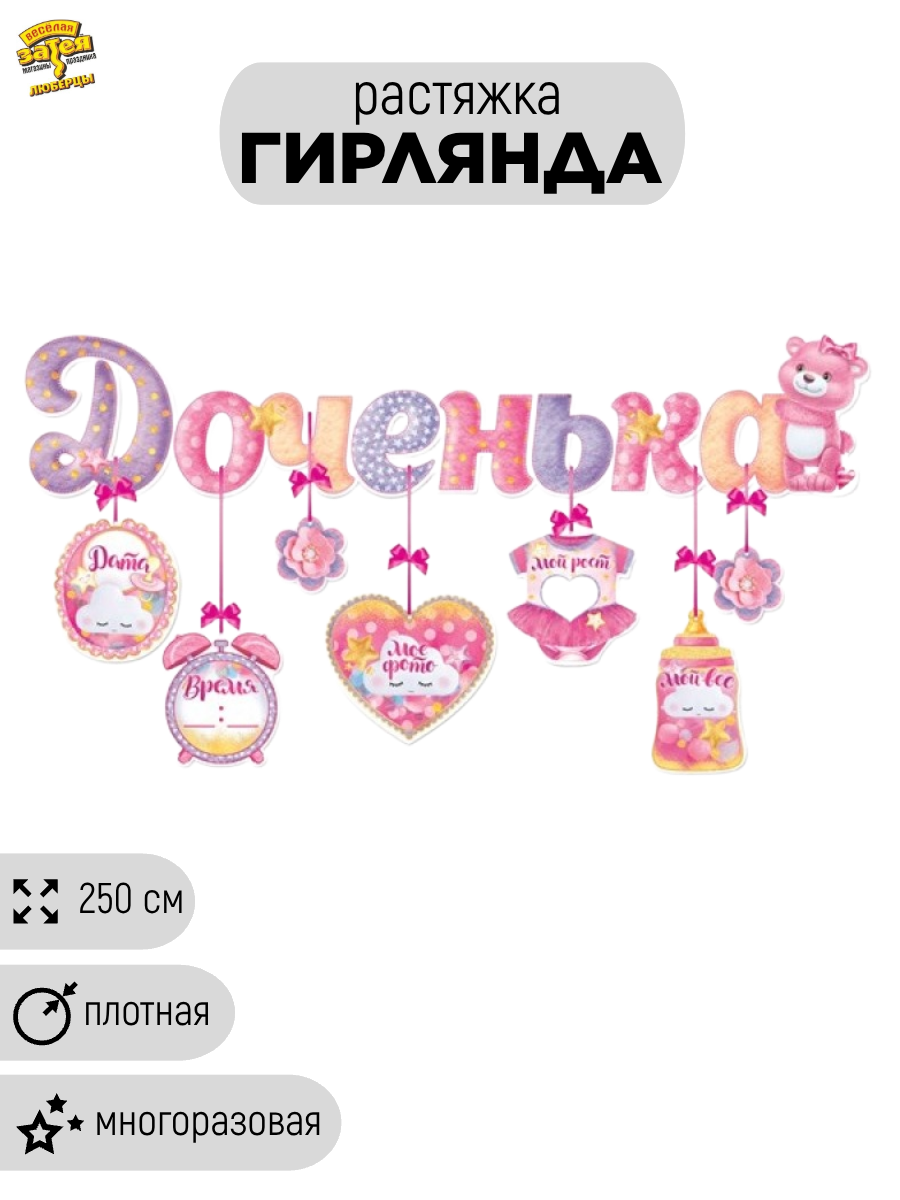 Растяжка для выписки из роддома новорождённого "Доченька" розового цвета с метрикой, длина 250 см