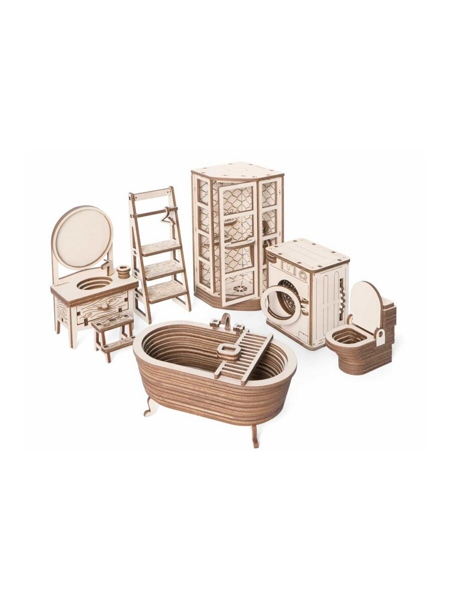 Деревянный конструктор Lemmo модель "набор мебели ванная", 129 деталей