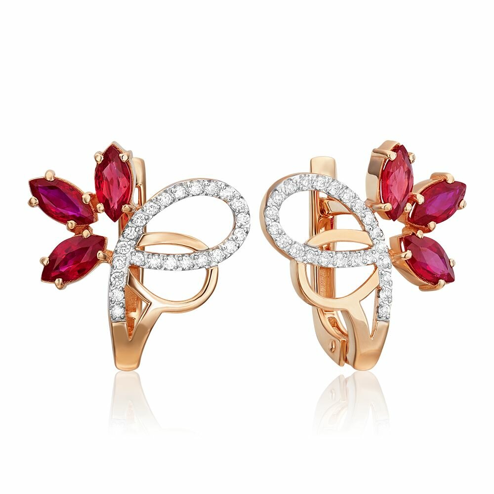 Серьги, красное золото, 585 проба, рубин, бриллиант